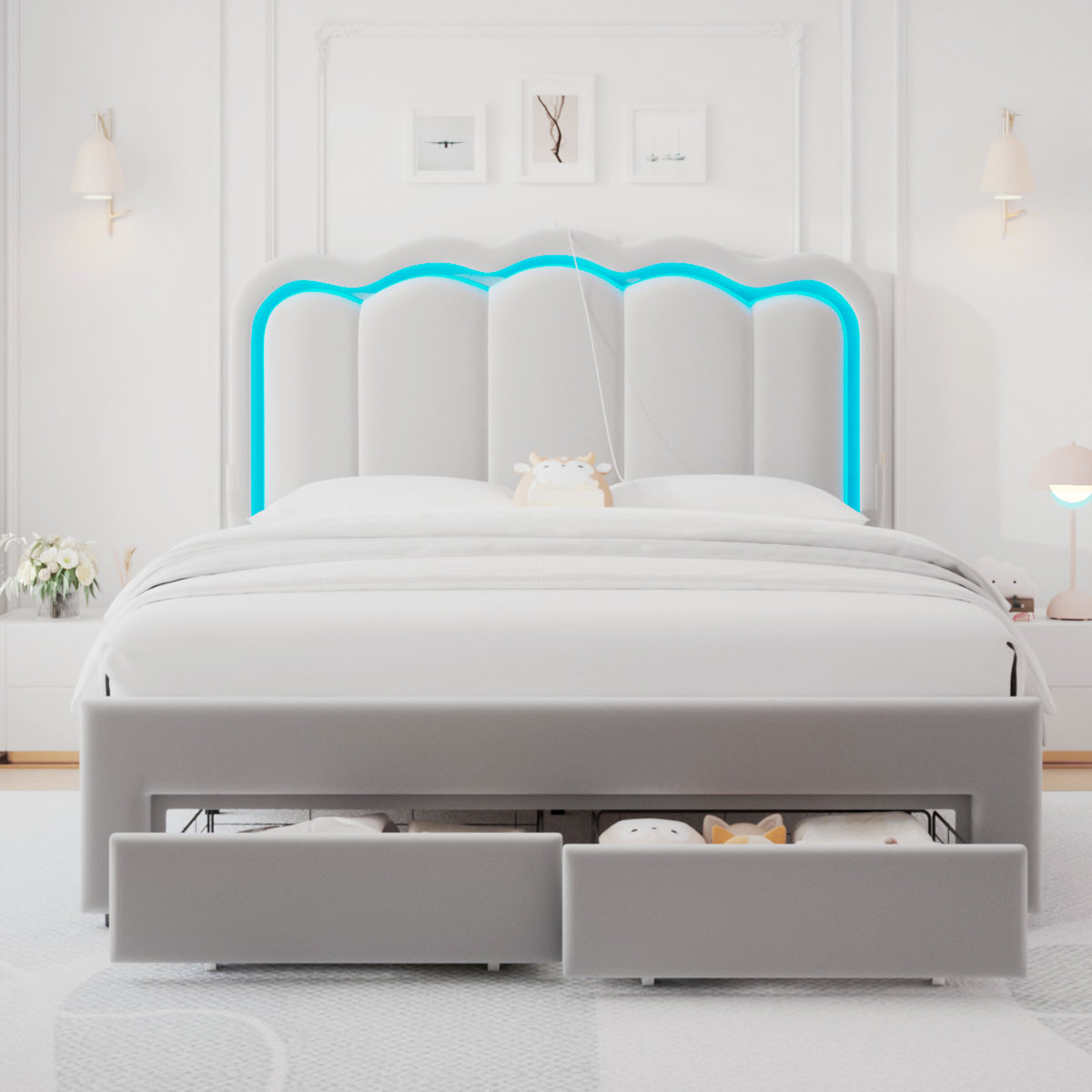 Mercer41 Daphne Upholstered LED Bed Frame With Drawer & Adjustable Headboard, Kids Beds ...